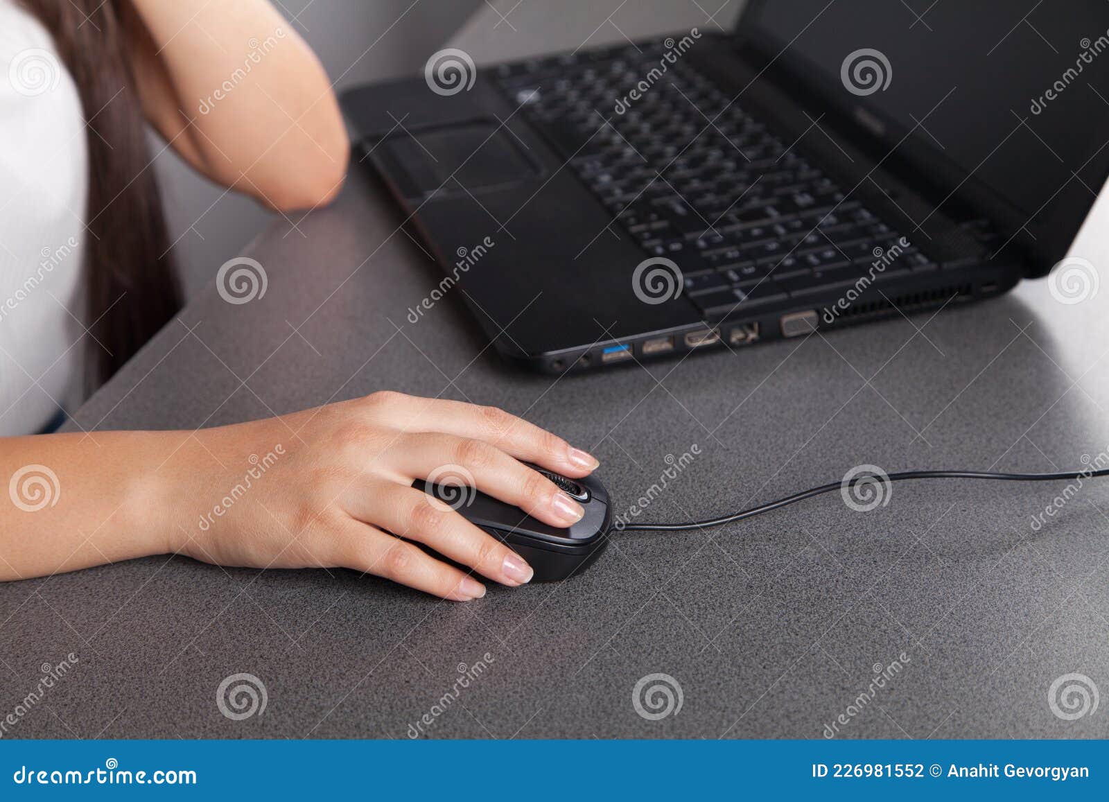 Woman`s Hand with Computer Mouse on Table. Black Computer Stock Photo ...