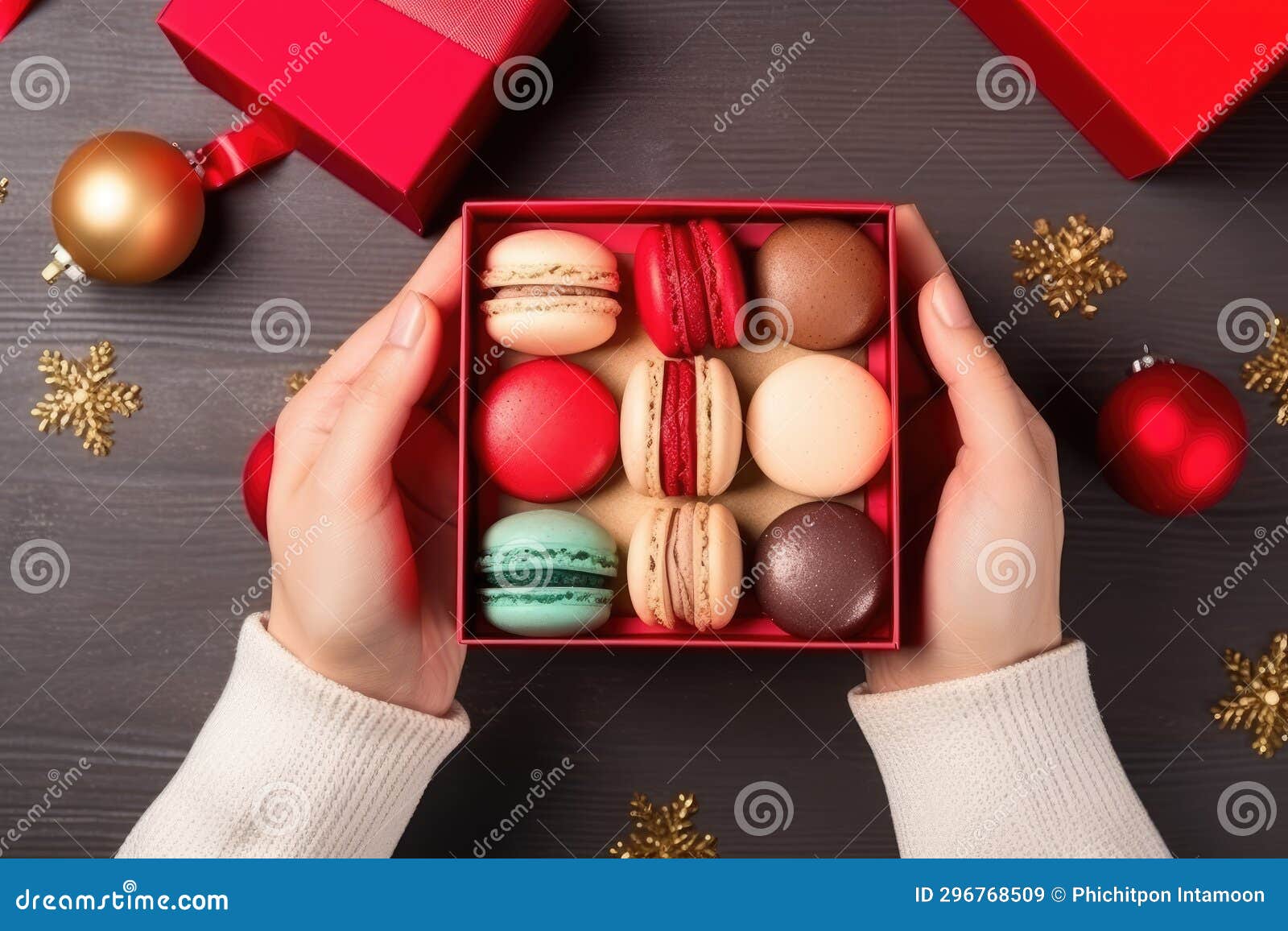 Woman& X27;s Hand Holding Macarons from the Box. Coffee and Tea Break ...