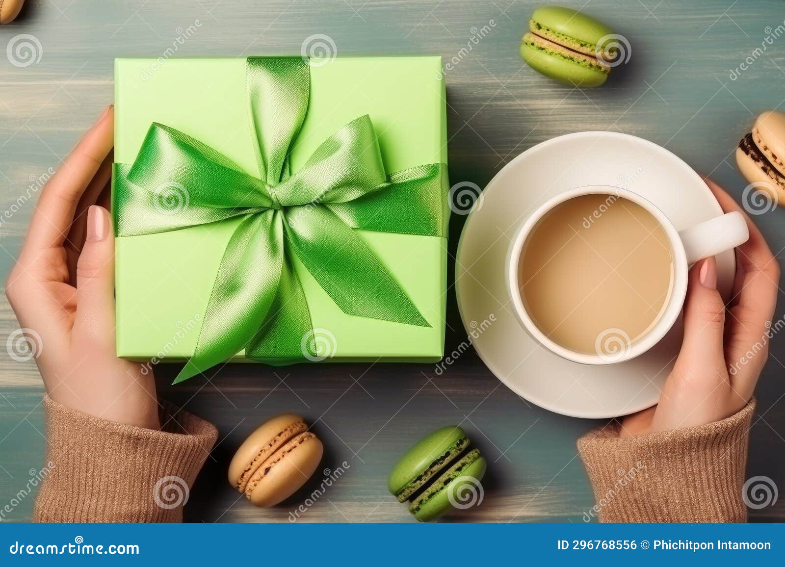 Woman& X27;s Hand Holding Macarons from the Box. Coffee and Tea Break ...