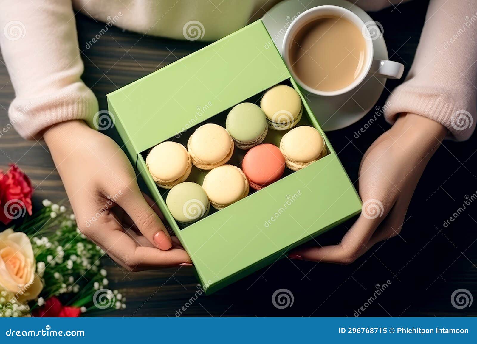 Woman& X27;s Hand Holding Macarons from the Box. Coffee and Tea Break ...