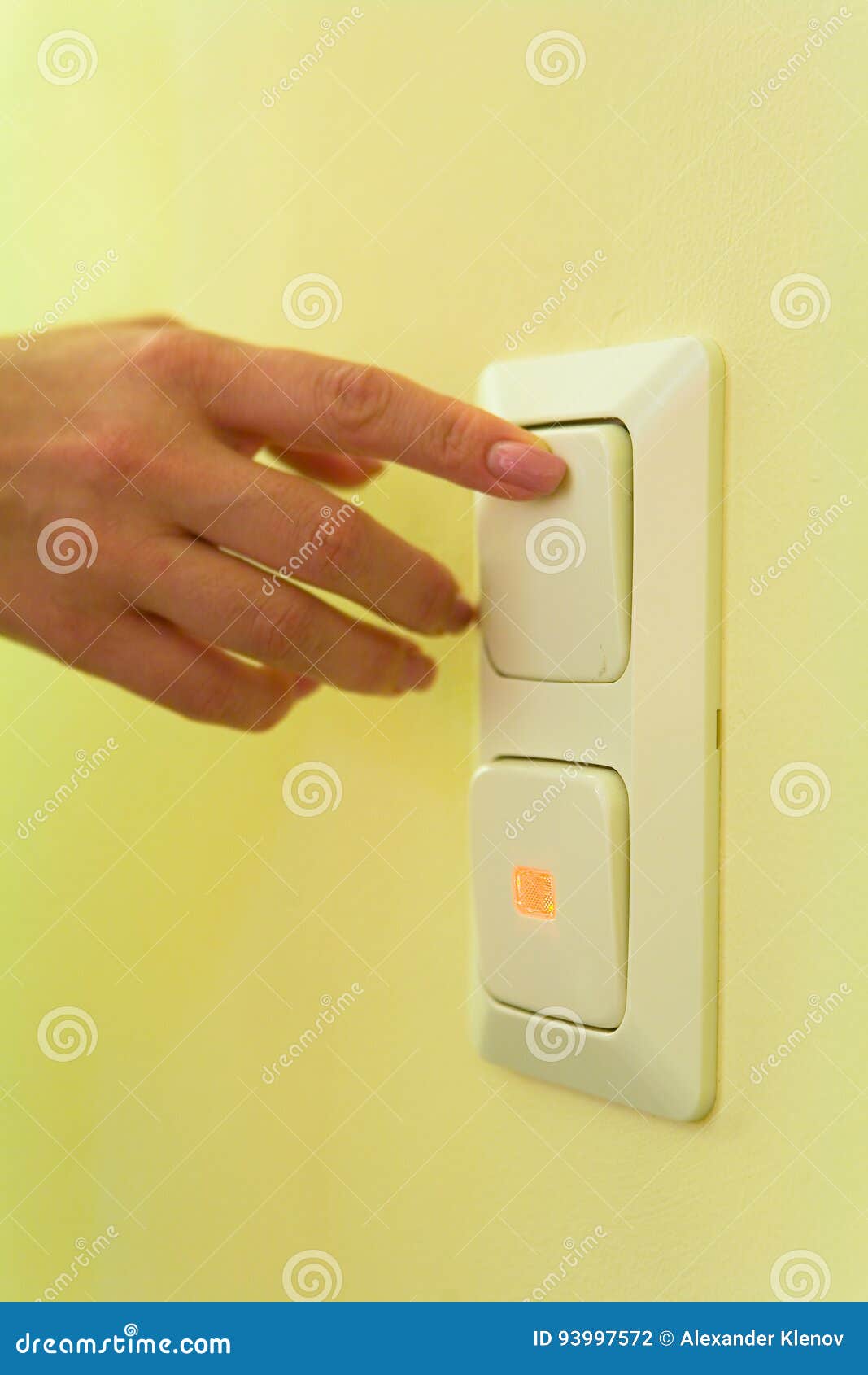 A Woman`s Hand Presses the Button of the Switch. Stock Photo - Image of ...