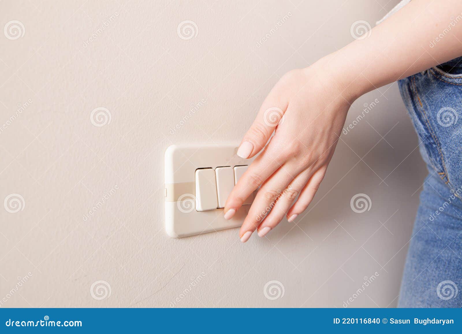 Woman`s Hand Pressing Light Switch at the Wall Stock Photo - Image of ...