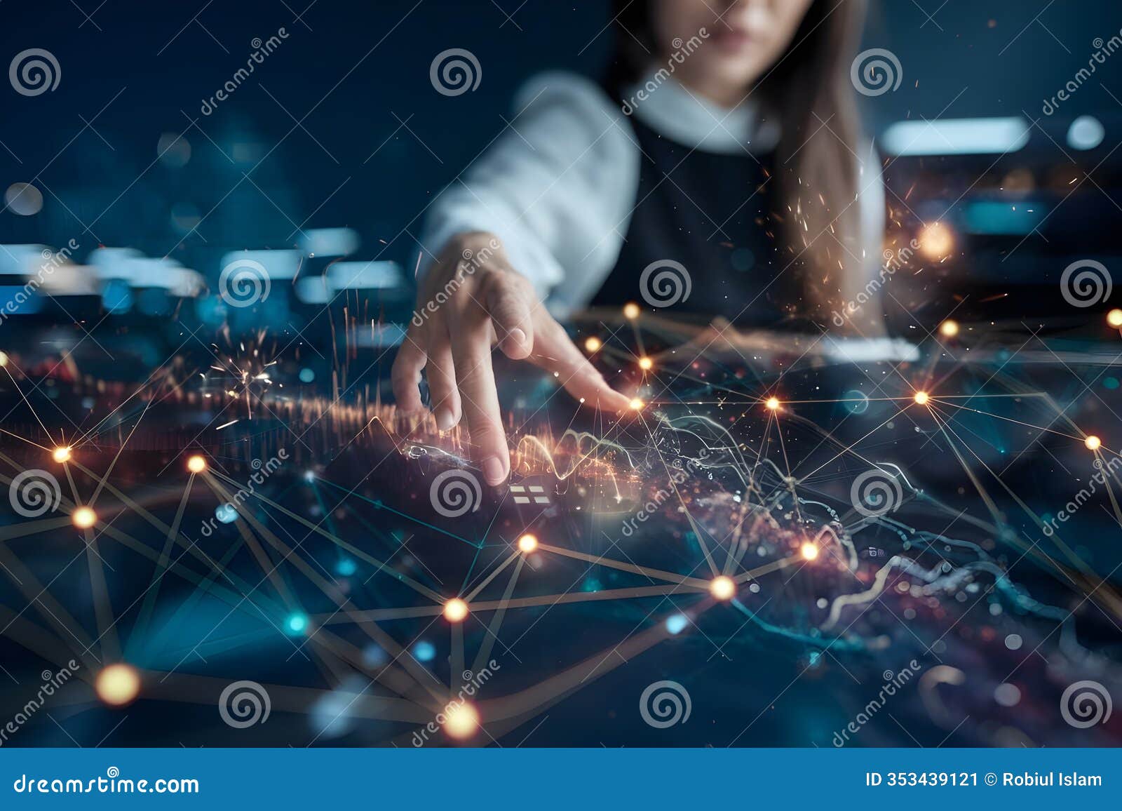 Woman S Hand Reaching into a Digital Network with Glowing Connections ...
