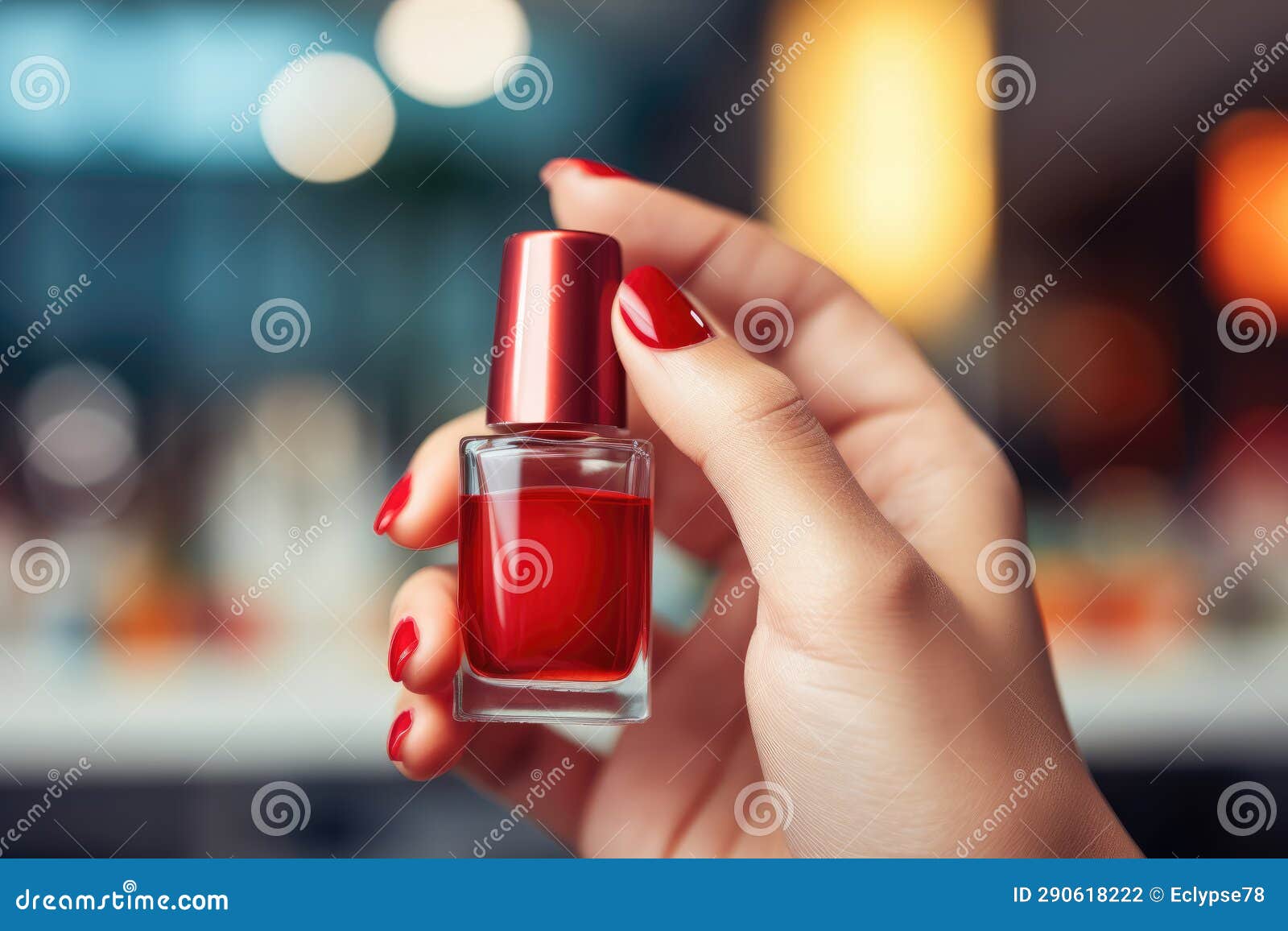 Woman S Hand With Red Nails Holding A Bottle Of Red Nail Polishs Stock