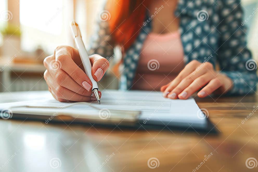 Woman S Hand Signing Document Symbolizing Agreement, Commitment, and ...