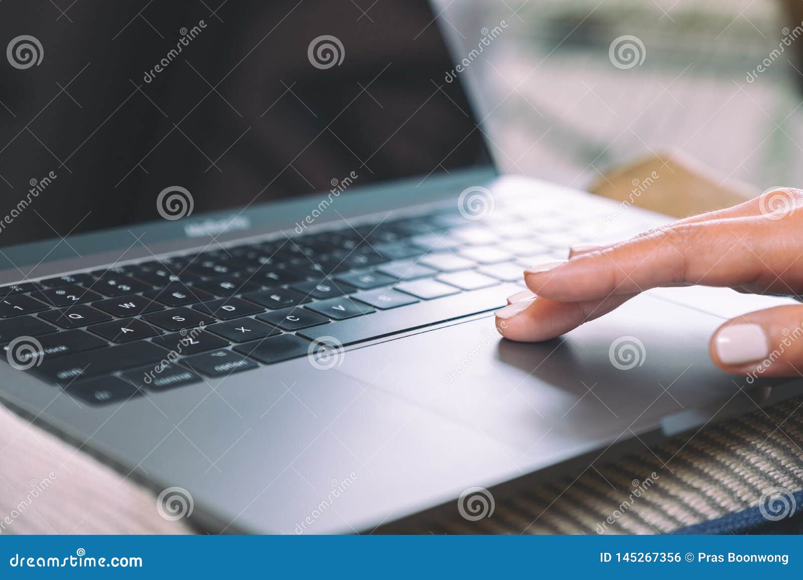 A Woman`s Hand Using and Touching on Laptop Touchpad Stock Photo ...