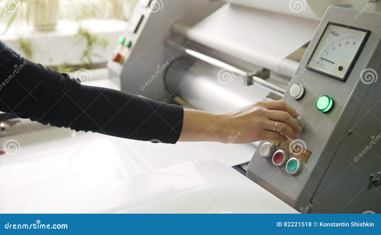 Woman`s Hand at Working Printing Machine, Polygraph Industry Stock ...