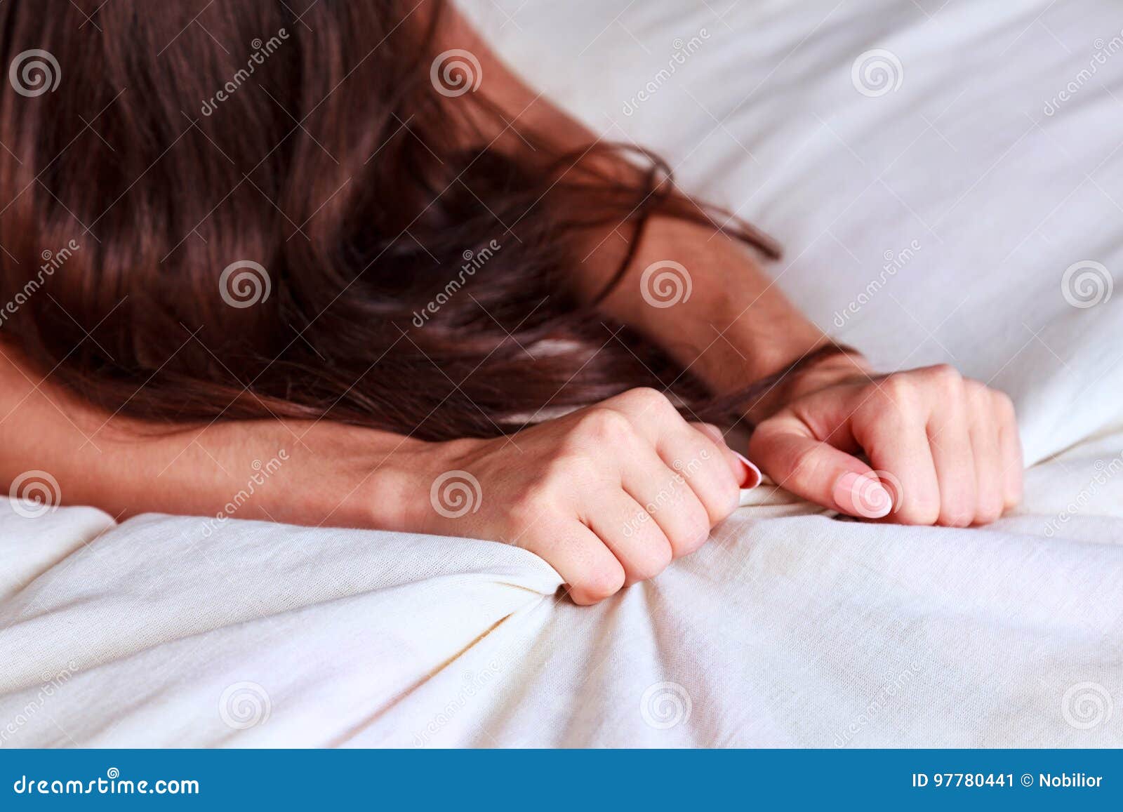Woman`s Hands Pulling White Sheets in Ecstasy Stock Image - Image of ...