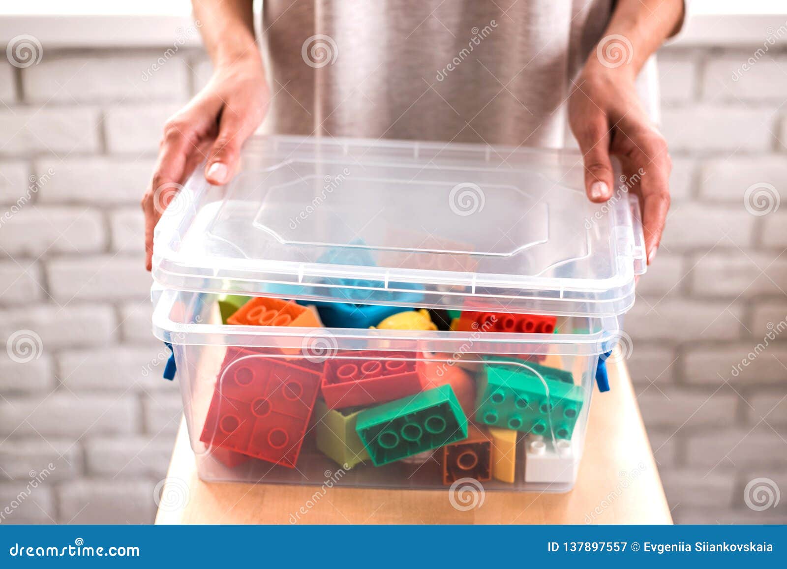 Woman`s Hands Putting Colored Blocks into Box. Stock Image - Image of ...
