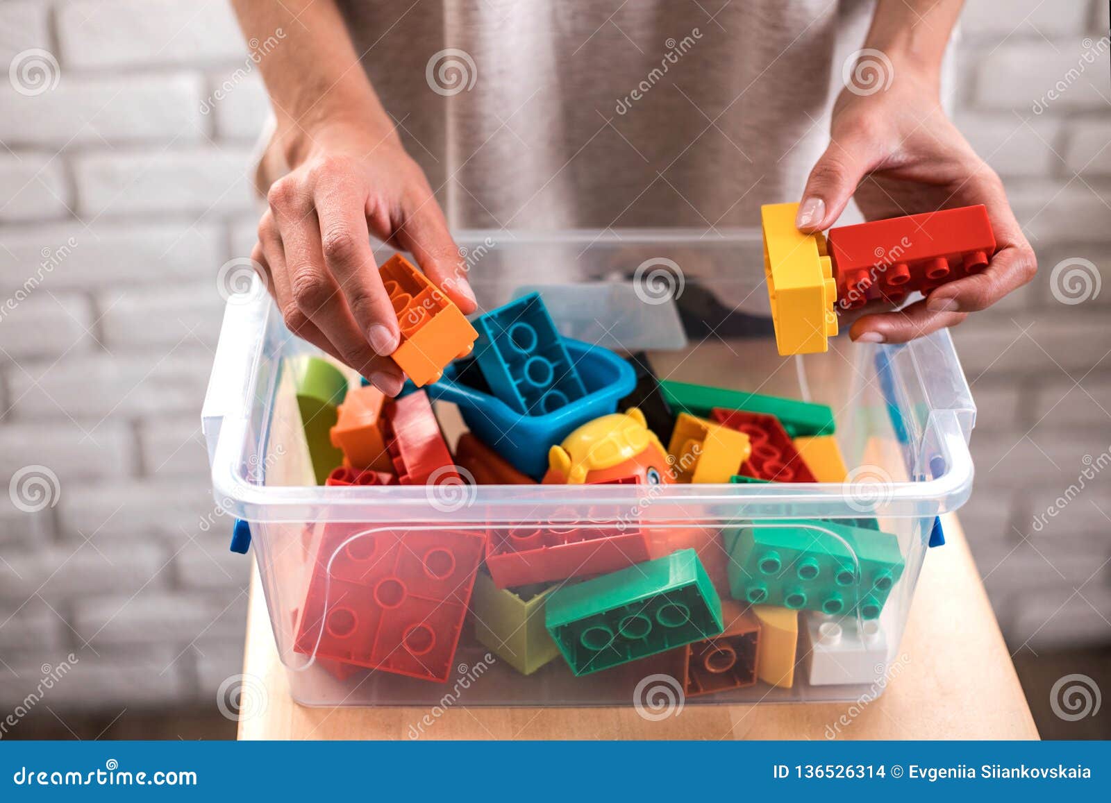 Woman`s Hands Putting Colored Blocks into Box. Stock Photo - Image of ...
