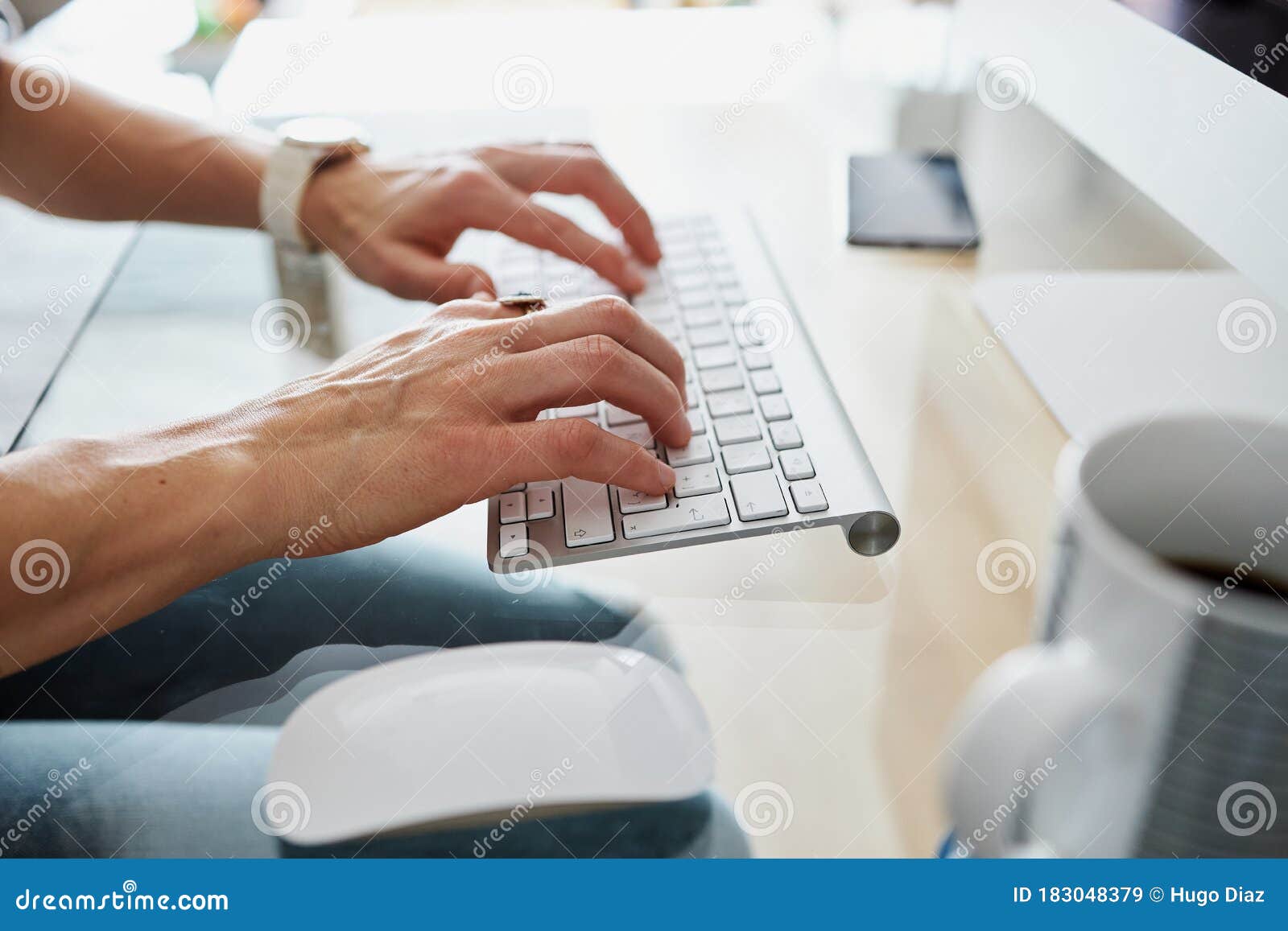 Woman`s Hands Typing on a Keyboard. Side View Close Up Stock Image ...