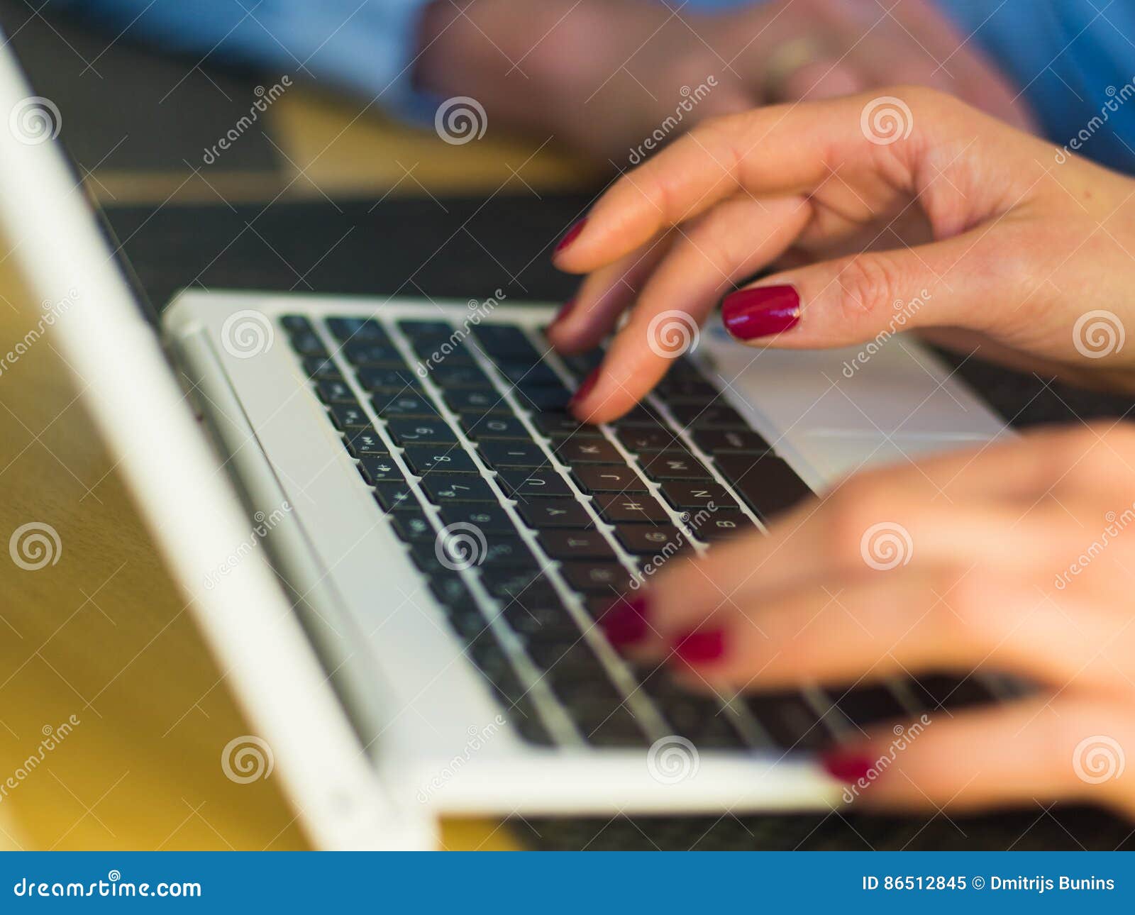 Woman`s Hands Typing on Laptop Keyboard in Interior, Side View of ...
