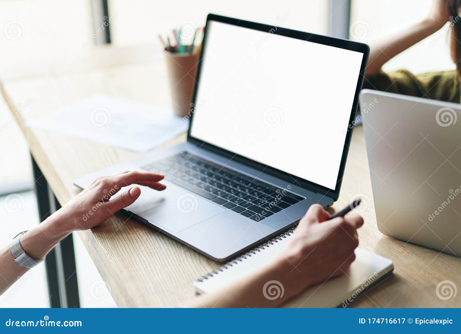 Woman`s Hands Using Laptop and Writing in Notepad Stock Image - Image ...