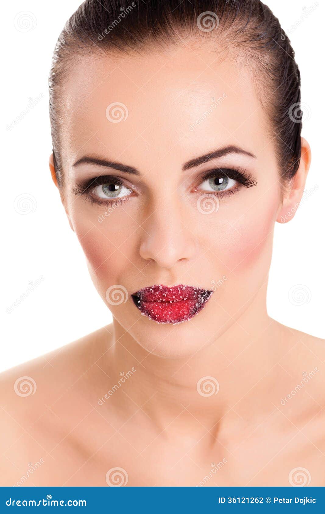Woman S Red Lips Coated with Scattered Sugar Stock Photo - Image of ...