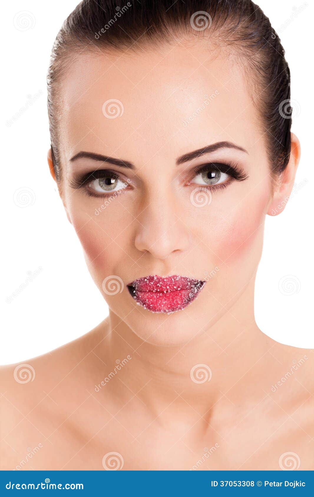 Woman S Red Lips Coated with Scattered Sugar Stock Photo - Image of ...