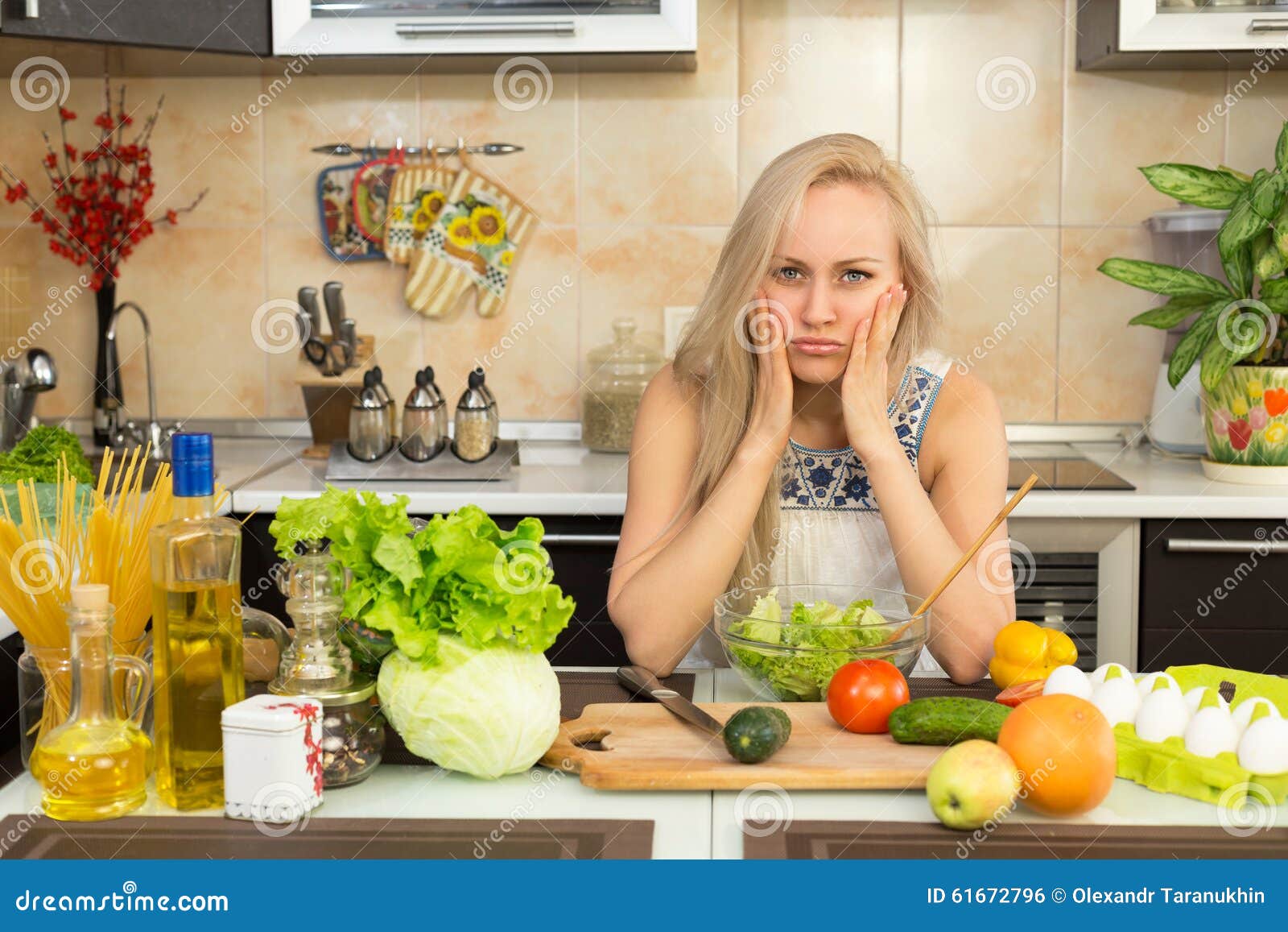 Woman with Sad Emotion at the Kitchen Table Stock Photo - Image of ...