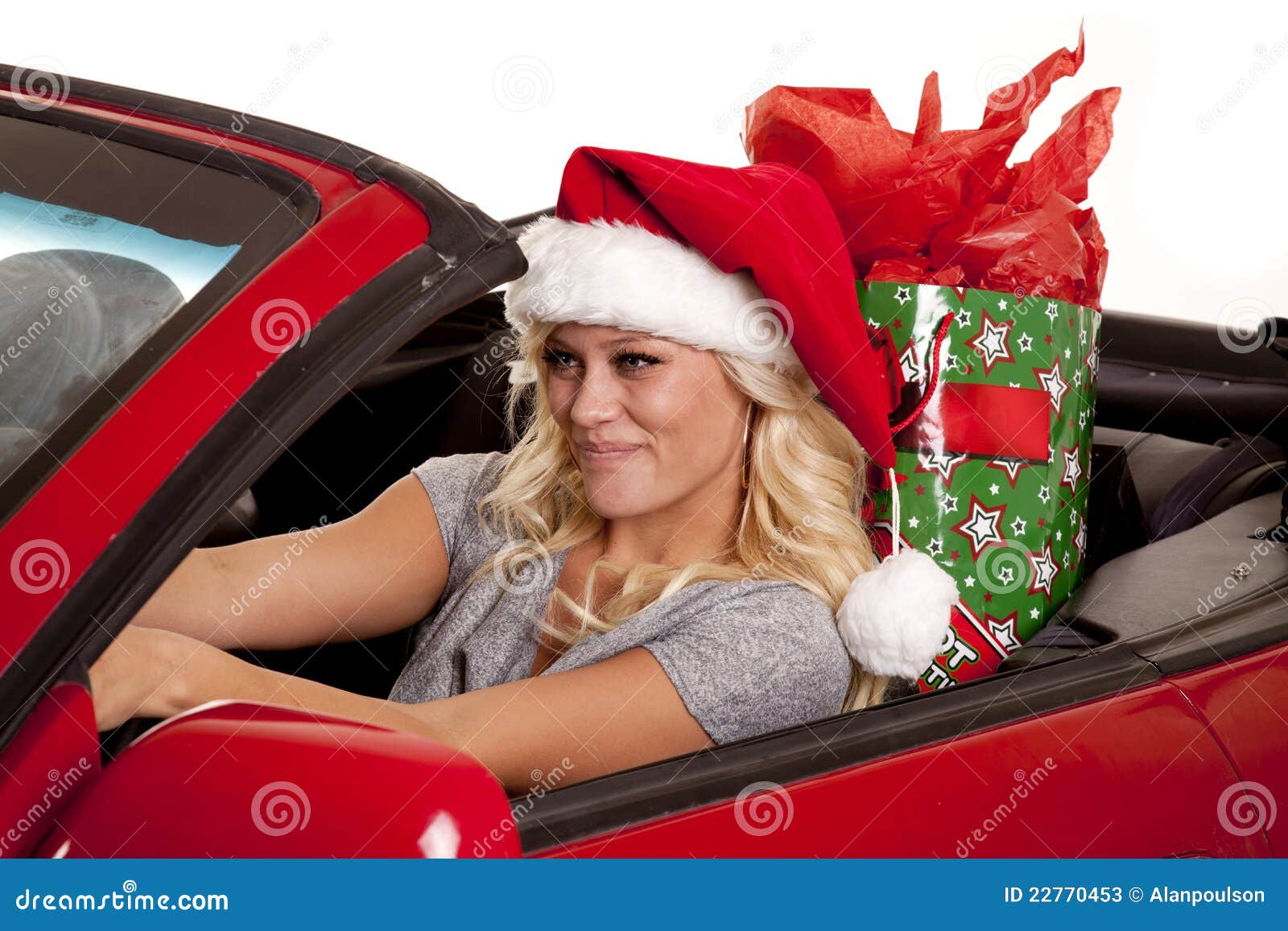 Woman Santa Hat Car Gift Drive Stock Image - Image of automobile ...