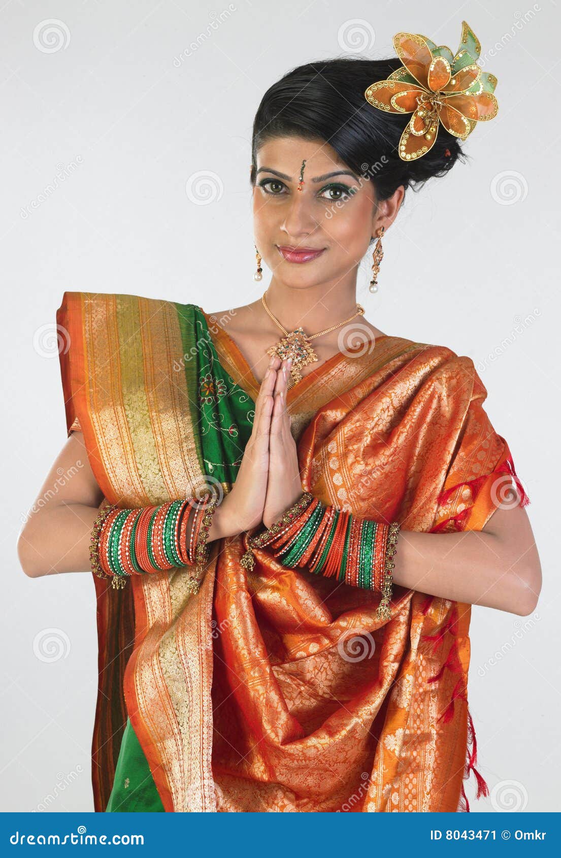Woman in Sari with Welcome Posture Stock Image - Image of embroidery ...