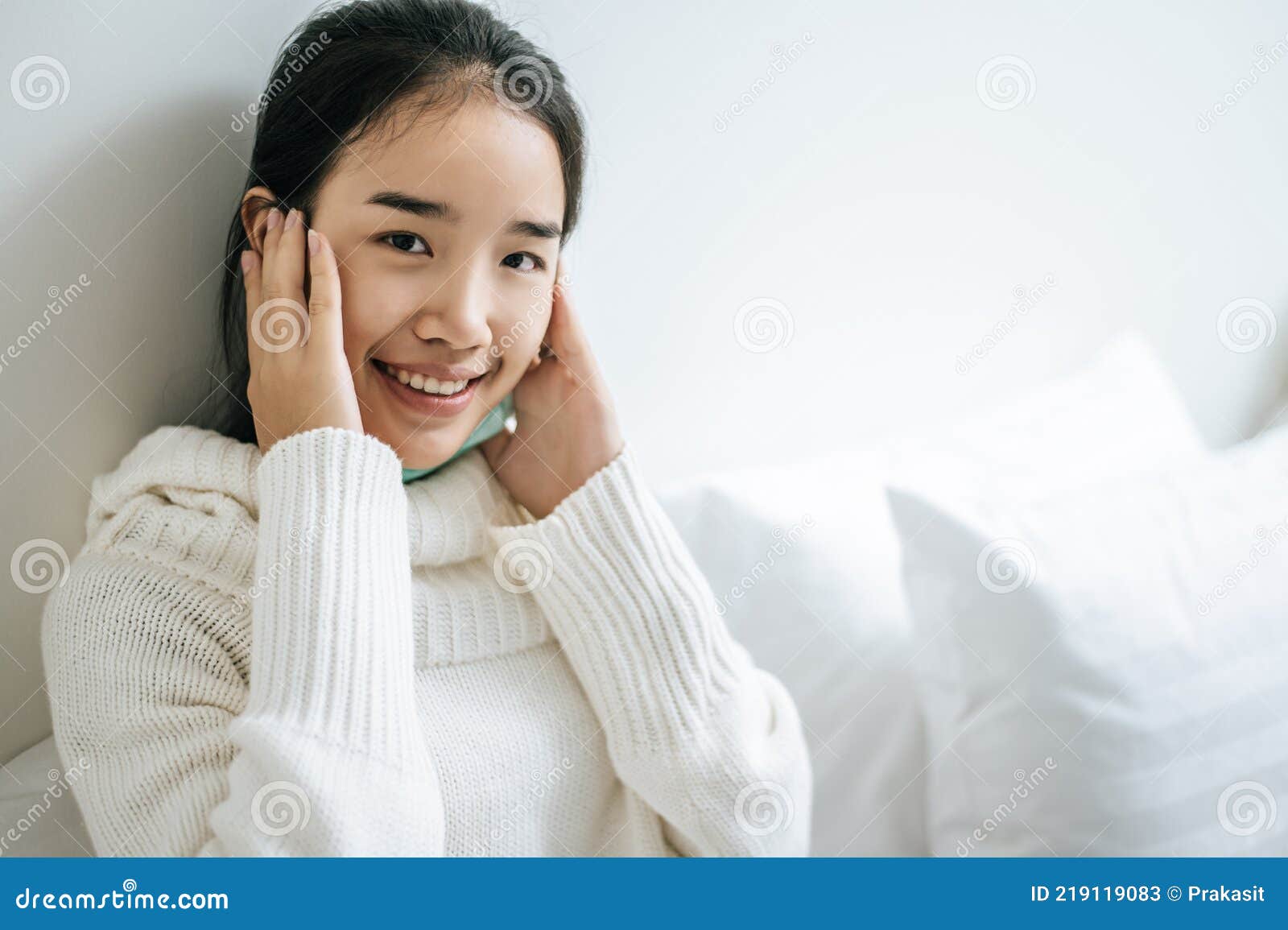 A Woman Sitting and Hands Touching Cheeks Stock Image - Image of color ...
