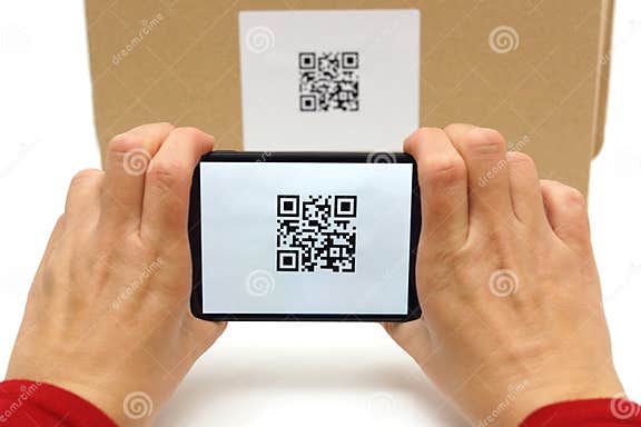 Woman scan qr code on box stock photo. Image of data - 49580666