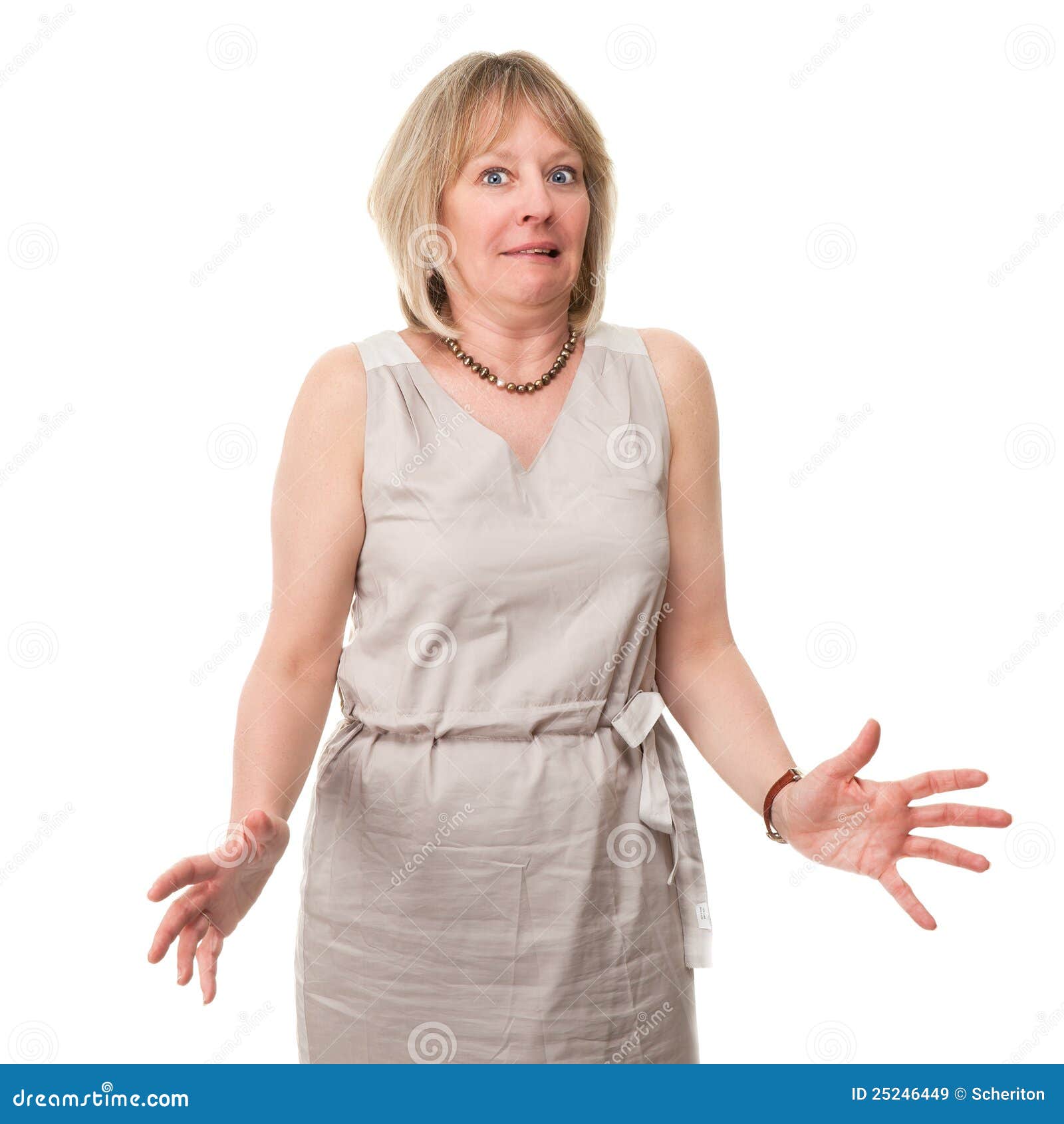 Woman with Scared Expression Holding Out Hands Stock Image - Image of ...