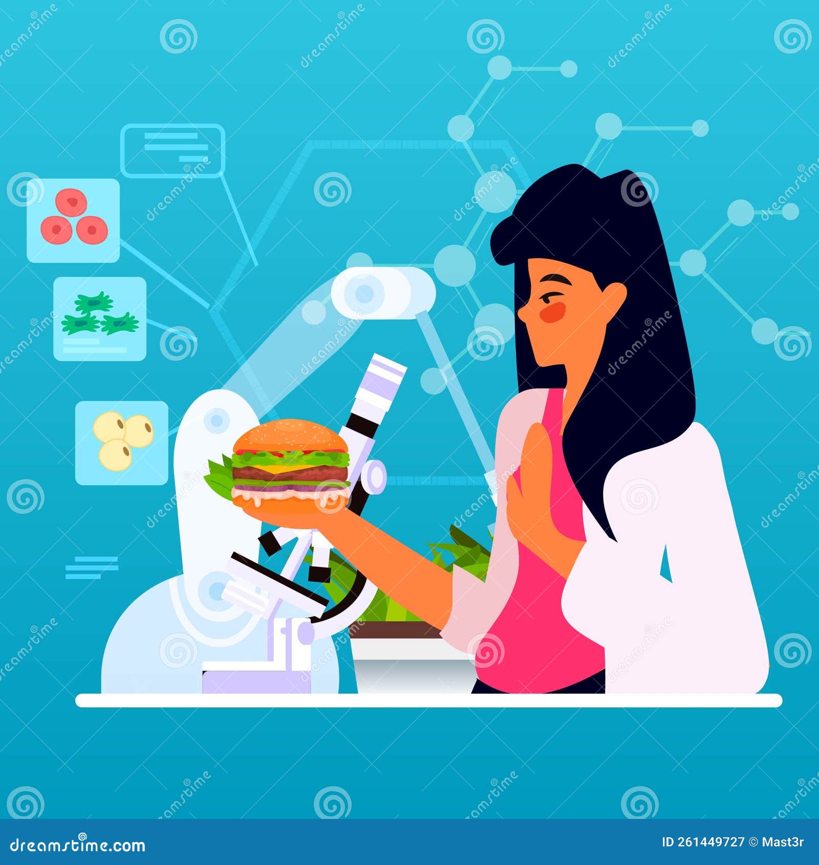 Woman Scientist Analyzing Cultured Beef Burger Made from Animal Cells ... Woman Scientist Analyzing Cultured Beef Burger Made from Animal Cells ...