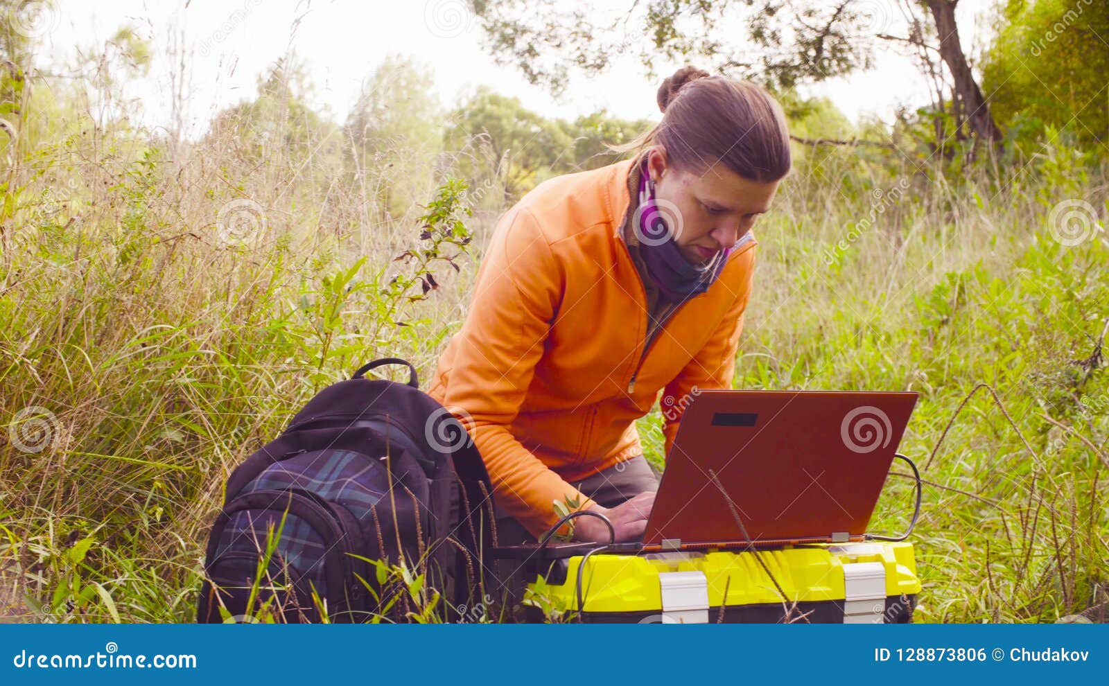 Woman Scientist Ecologist Working on a Laptop Outdoors Stock Photo ...