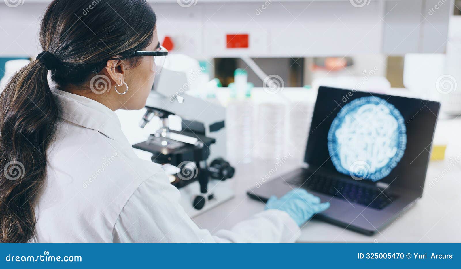 Woman, Scientist and Laptop with Microscope in Lab, Microbiology and ...