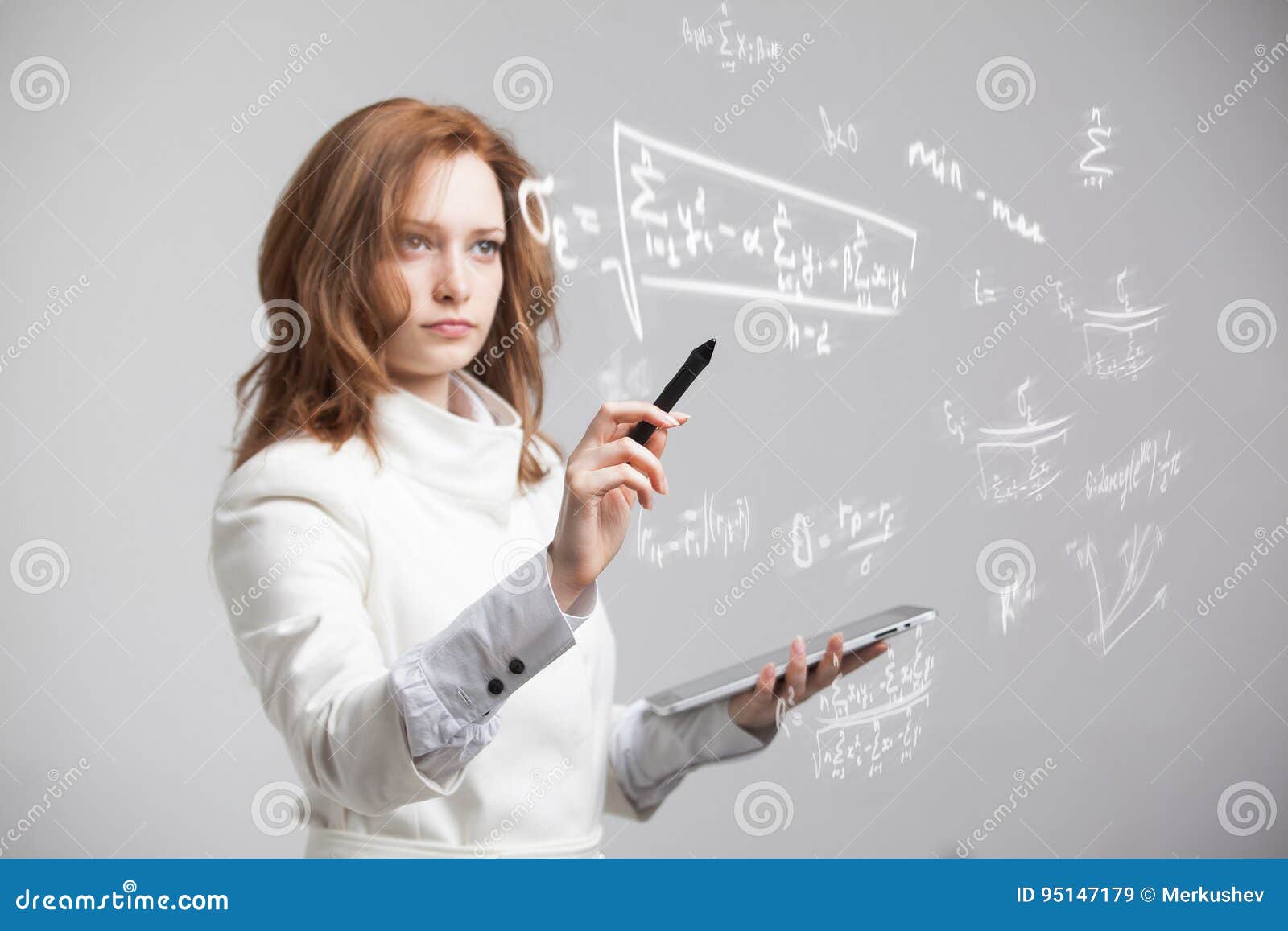 Woman Scientist or Student Working with Various High School Maths and ...