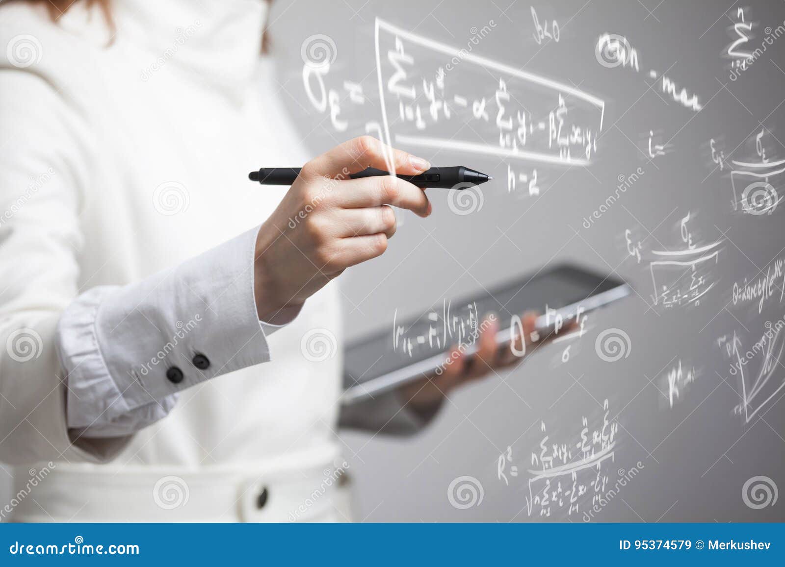 Woman Scientist or Student Working with Various High School Maths and ...