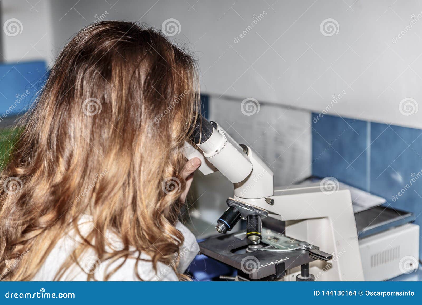 A Woman Scientist Studies Something Under a Microscope in a ...
