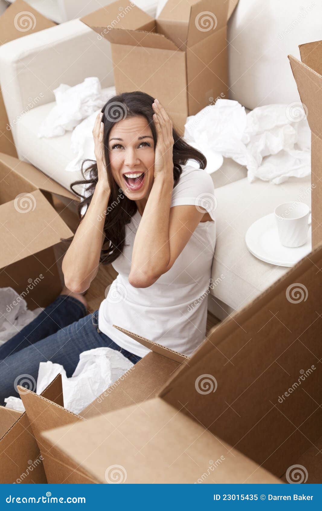 Woman Screaming Unpacking Boxes Moving House Stock Image - Image of ...