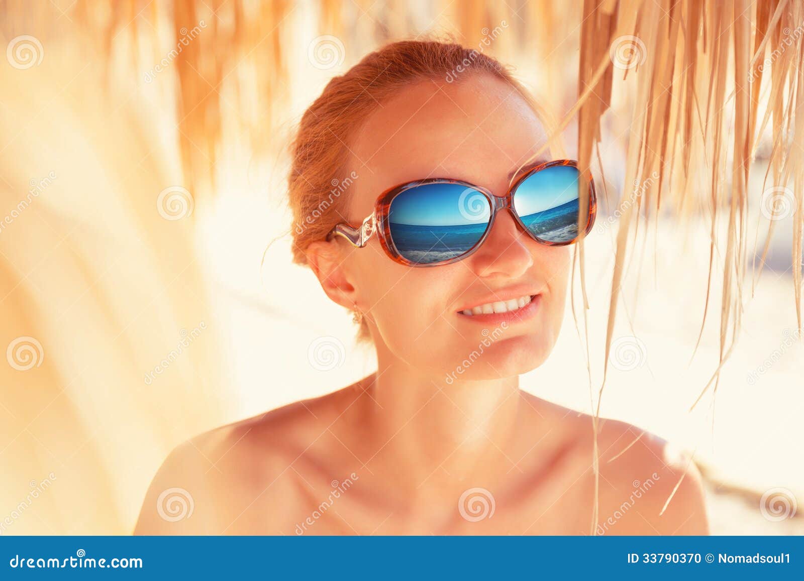 Woman with Sea Reflection in Sunglasses Stock Photo - Image of frame ...