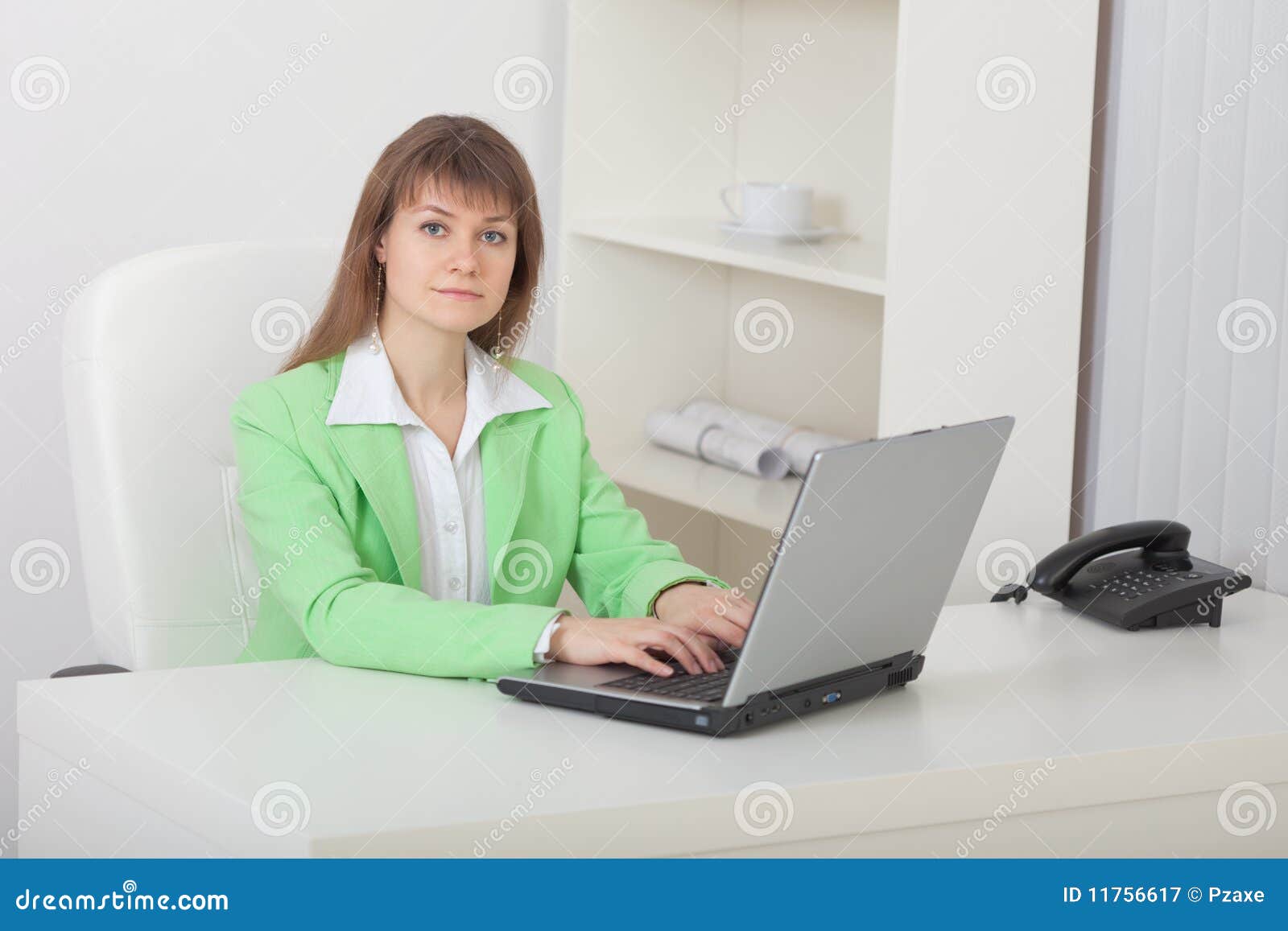 Woman - Secretary Sits on Workplace with Compute Stock Image - Image of ...