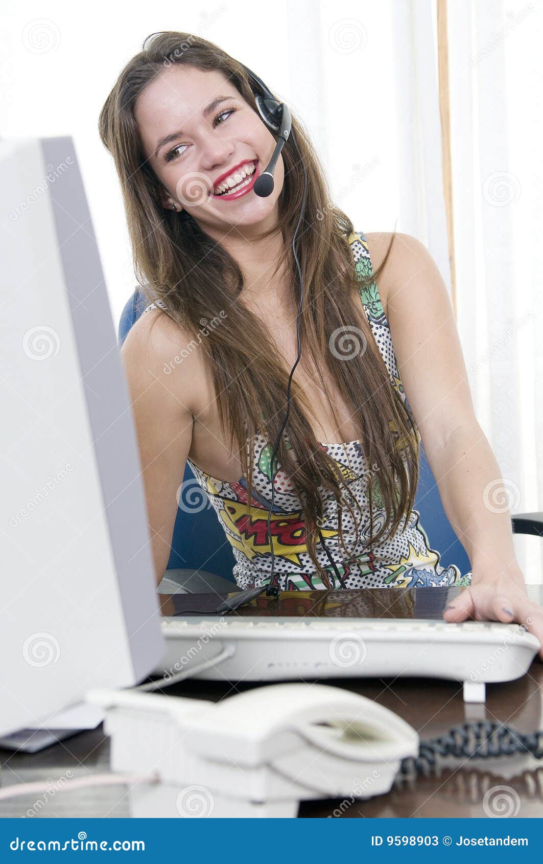 Woman Secretary Talking with Headset and Laughing Stock Image - Image ...