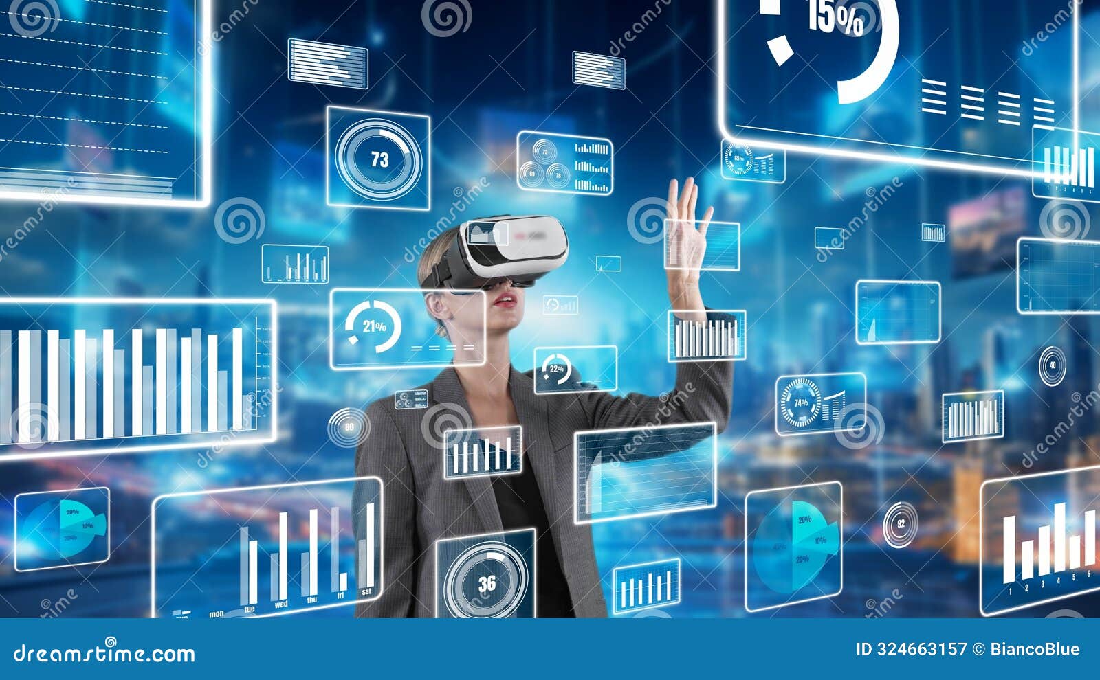 Businesswoman Selecting Percentage Graph Monitor by VR at Server ...