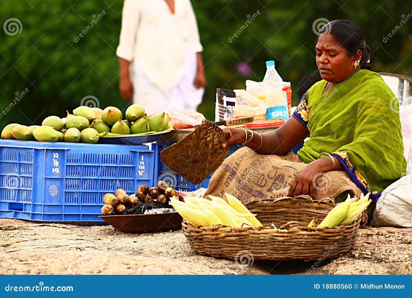 Woman Selling Mangoes and Cooked Corn Editorial Image - Image of green ...