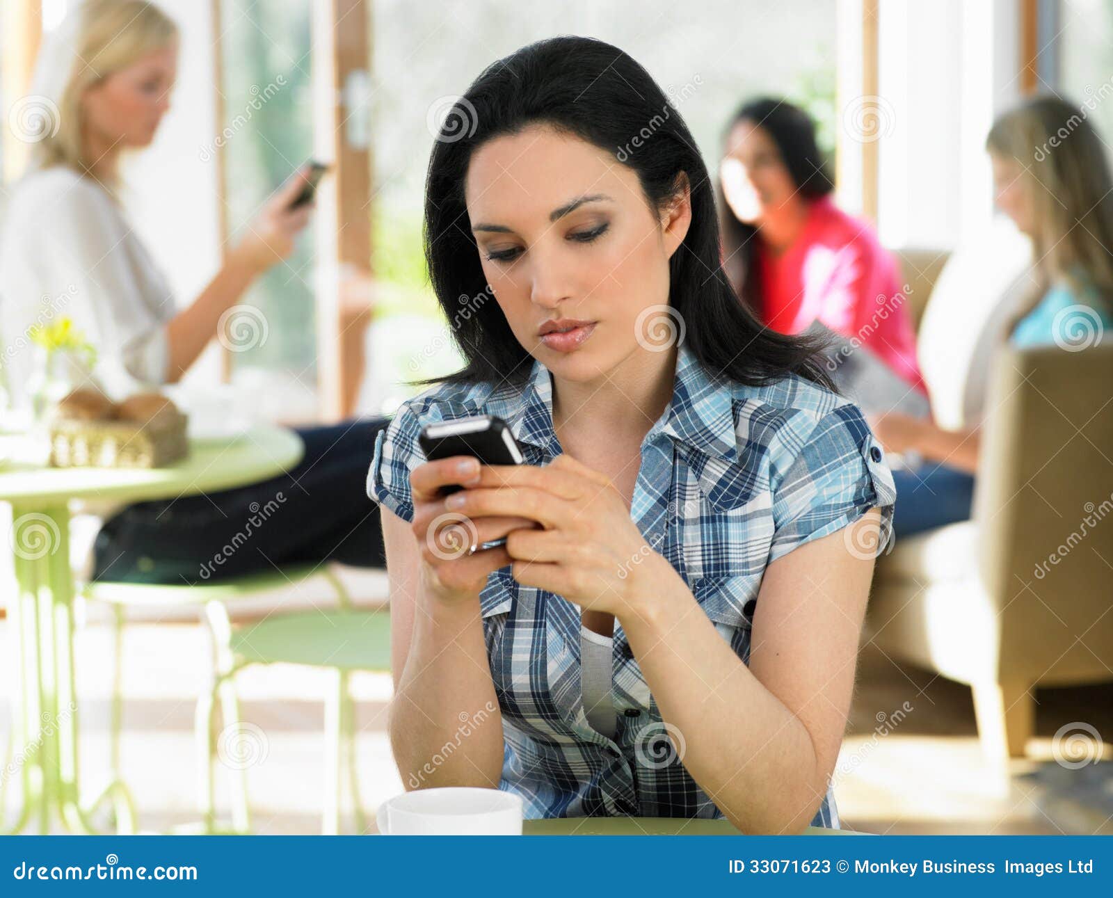 Woman Sending Text Message in Cafe Stock Image - Image of coffee, race ...