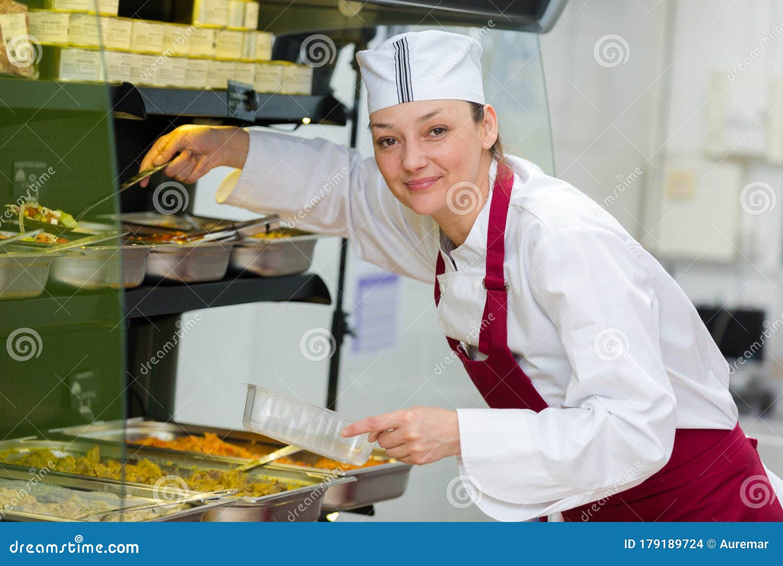 Woman Serving at Takeaway Buffet Counter Stock Photo - Image of meal ...