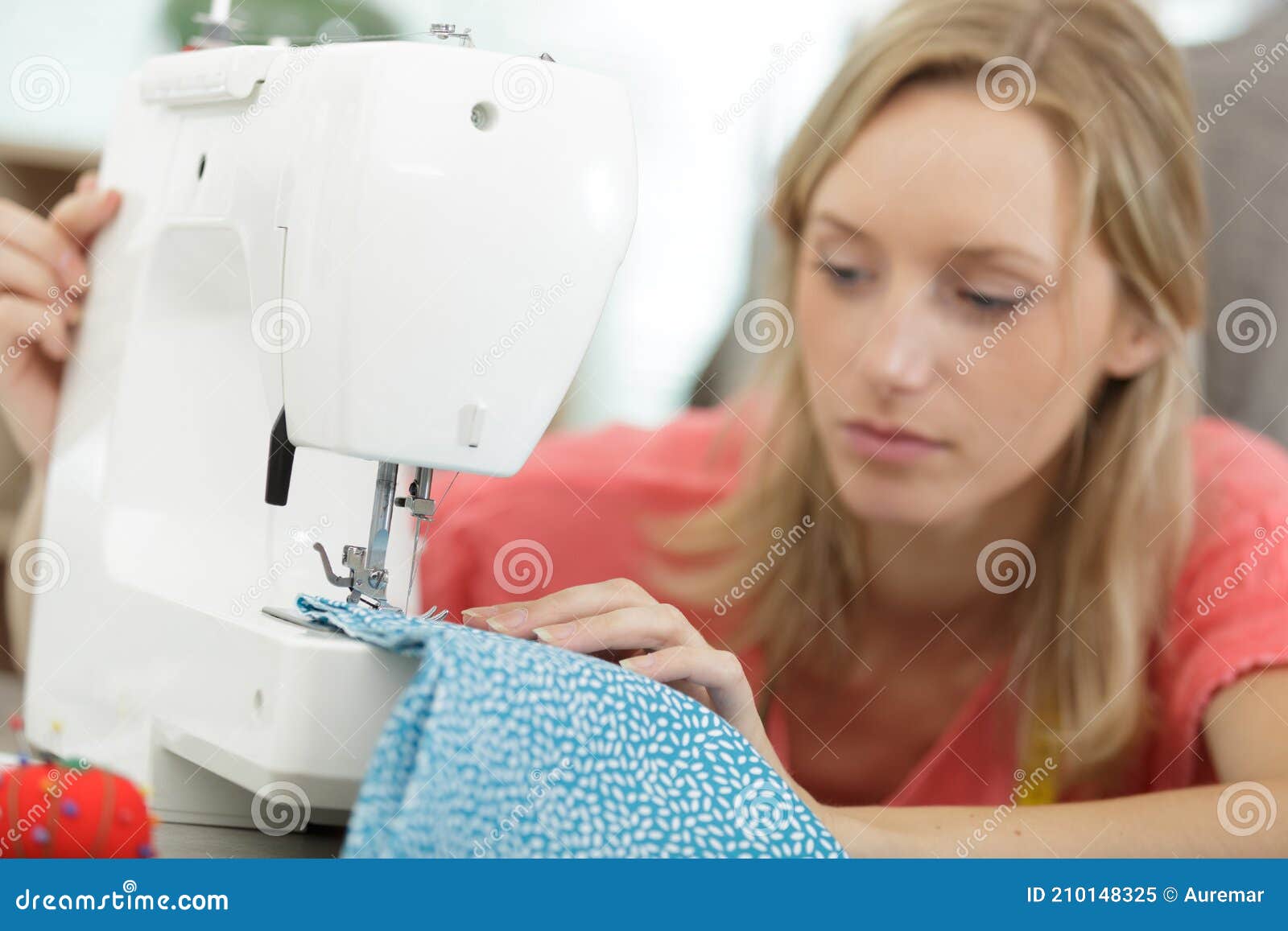 Woman Sewing Fabric with Sewing Equipments Stock Image - Image of ...