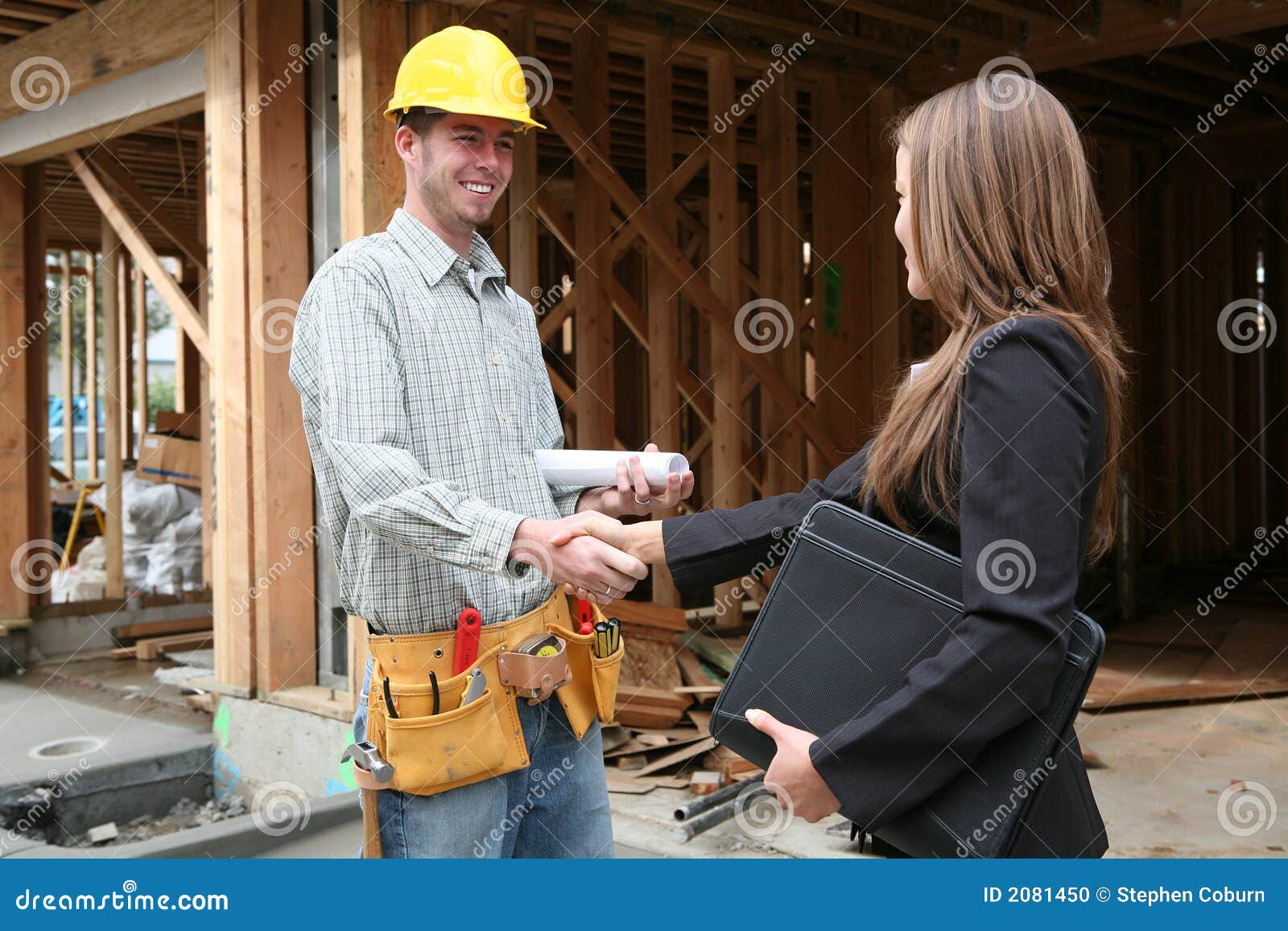 Woman Shaking Hands with Construction Man Stock Photo - Image of happy ...