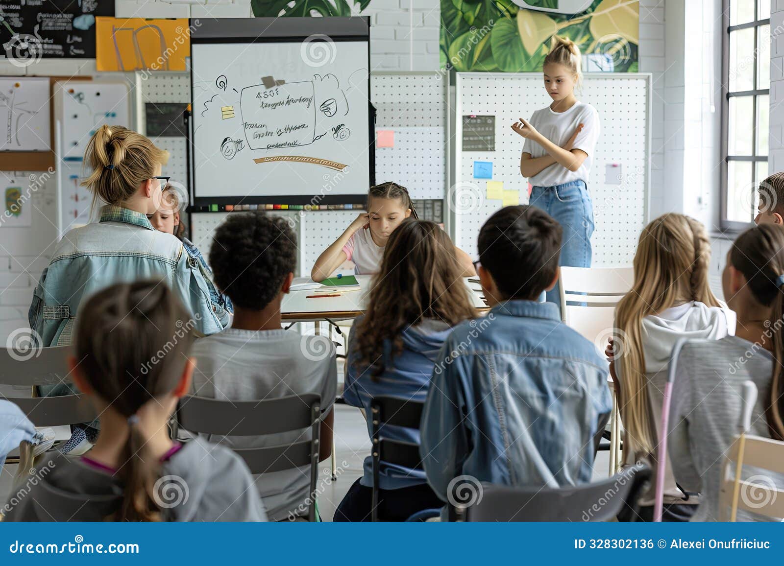 Woman Sharing Information with Students in a Classroom Stock ...
