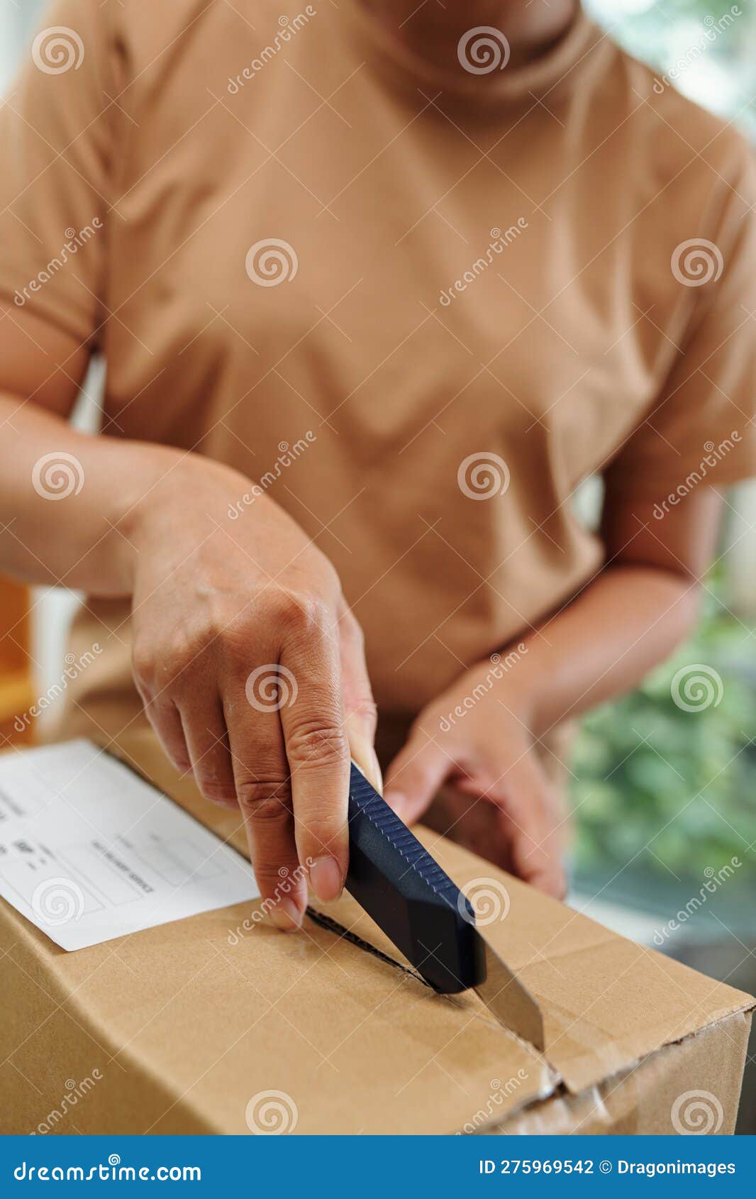 Woman Unpacking Boxes stock photo. Image of female, fast - 275969542