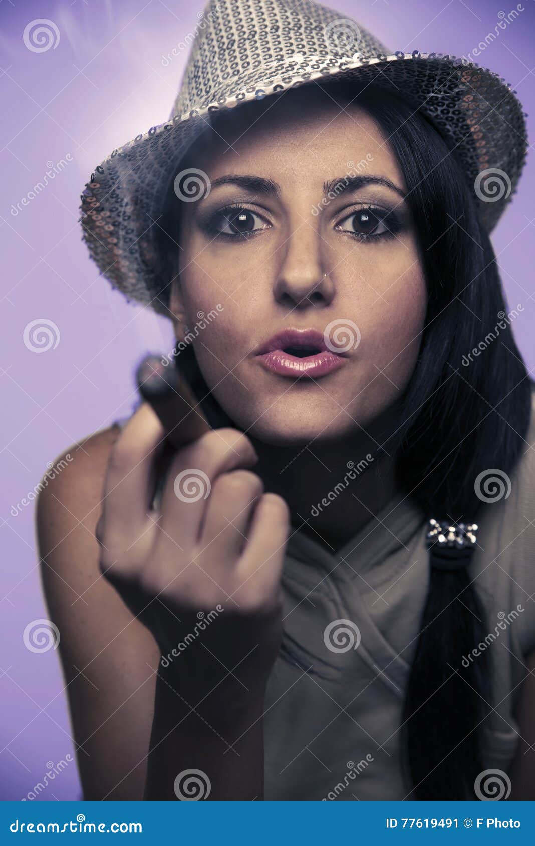 Woman with Shiny Hat Smoking a Cigar Stock Image - Image of dark, body ...
