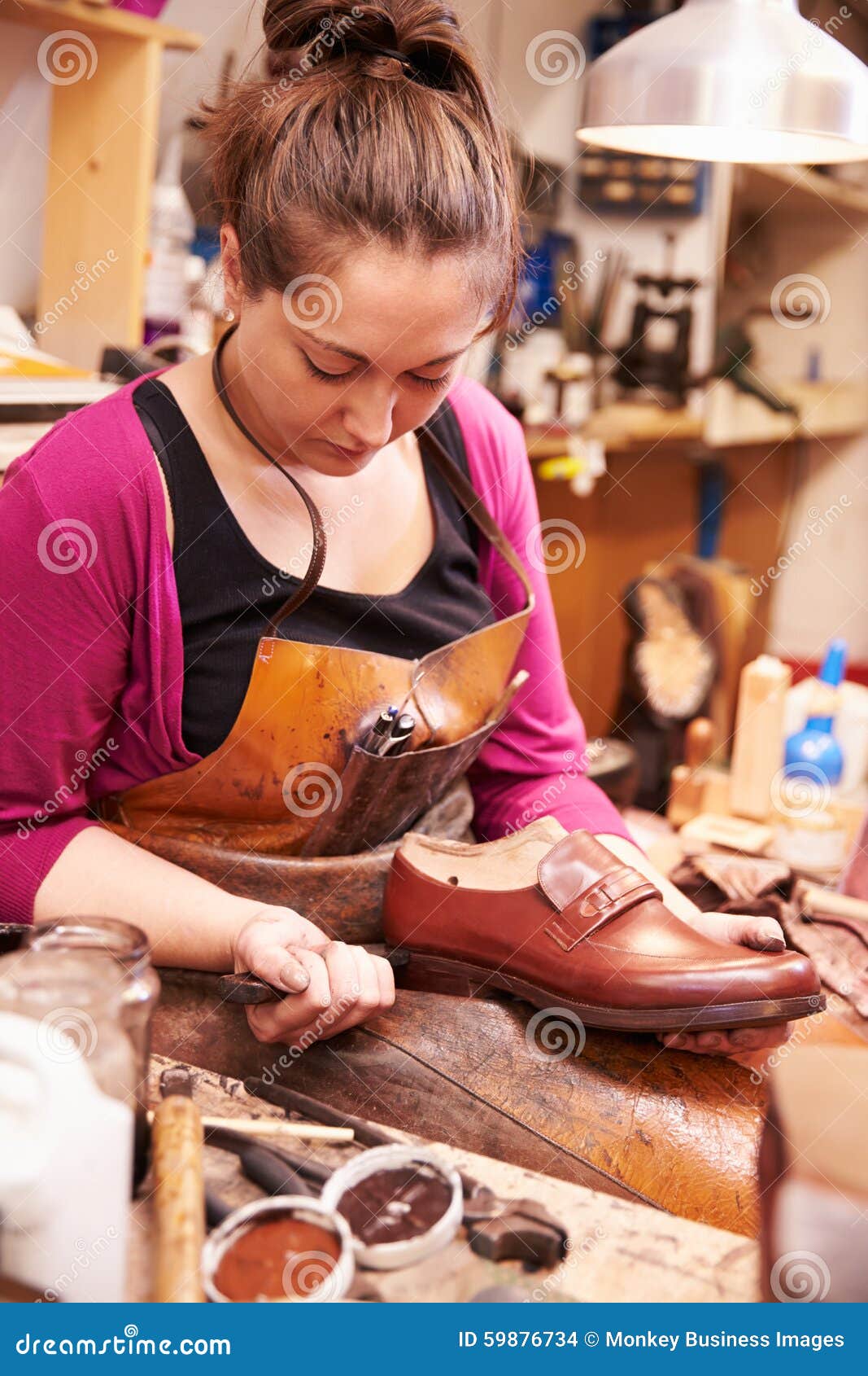 Woman Shoemaker Making Shoes in a Workshop Stock Photo - Image of ...