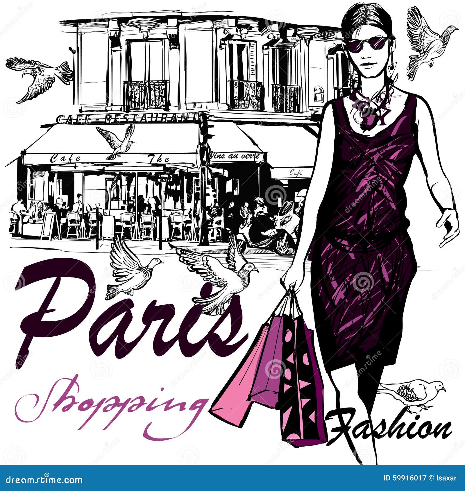 Woman shopping in Paris stock vector. Illustration of shopping - 59916017