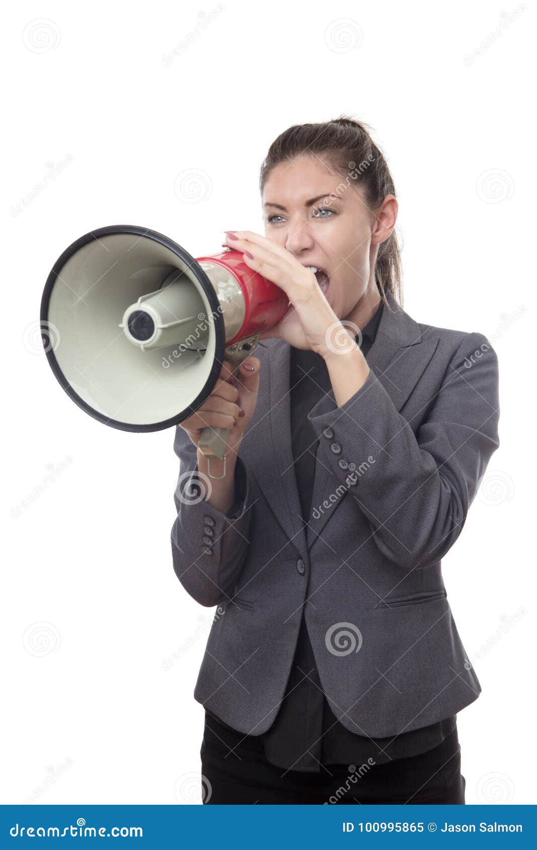 Woman Shouting Down a Bullhorn Stock Image - Image of speaker ...