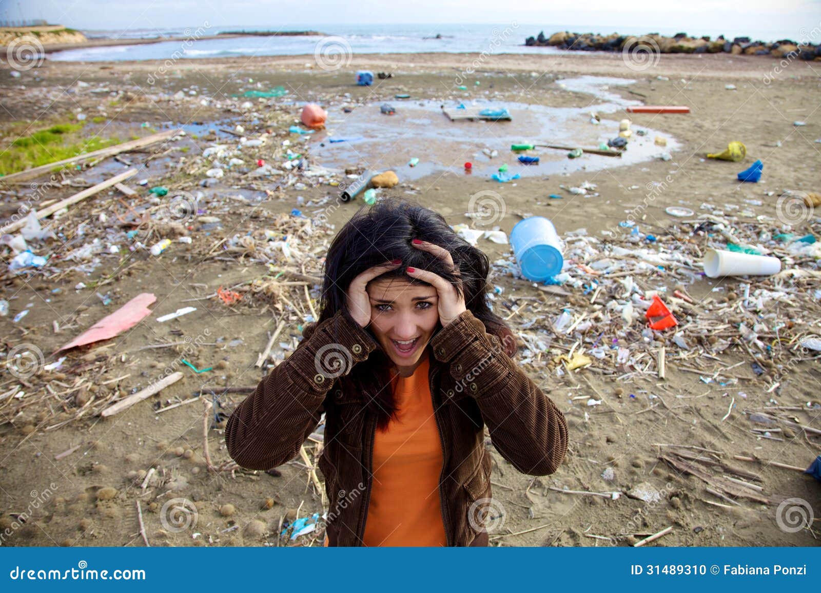 Woman Shouting in Front of Ecologic Disaster Dirty Beach Stock Photo ...