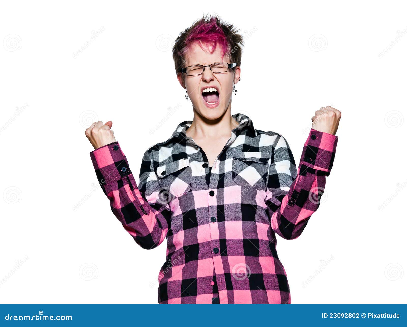 Woman Shouting, Singing With Speaker, Microphone On Studio Background ...