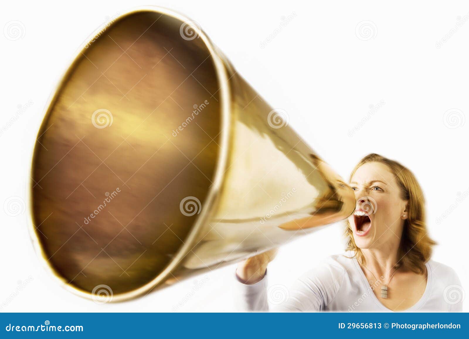 Woman Shouting, Singing With Speaker, Microphone On Studio Background ...